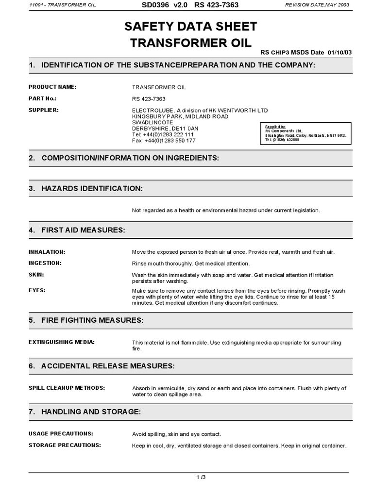 MSDS Oli Trafo 2 | PDF | Safety | Chemistry