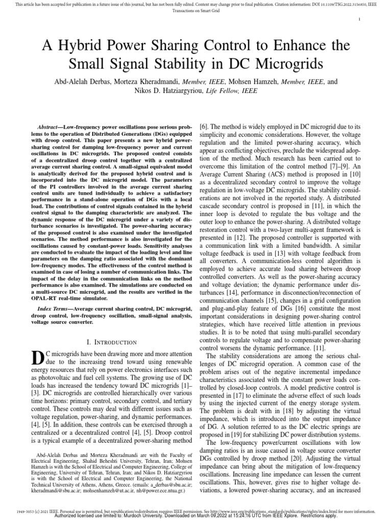 A Hybrid Power Sharing Control To Enhance The Small Signal Stability in DC Microgrids | PDF ...