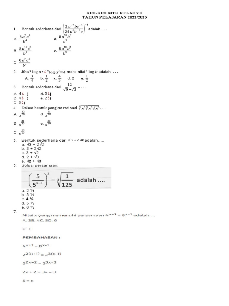 Kisi-Kisi MTK Kelas 12 | PDF