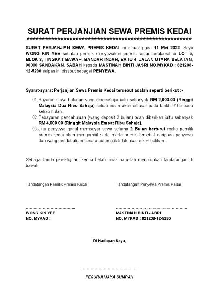 Surat Perjanjian Sewa Premis Kedai | PDF