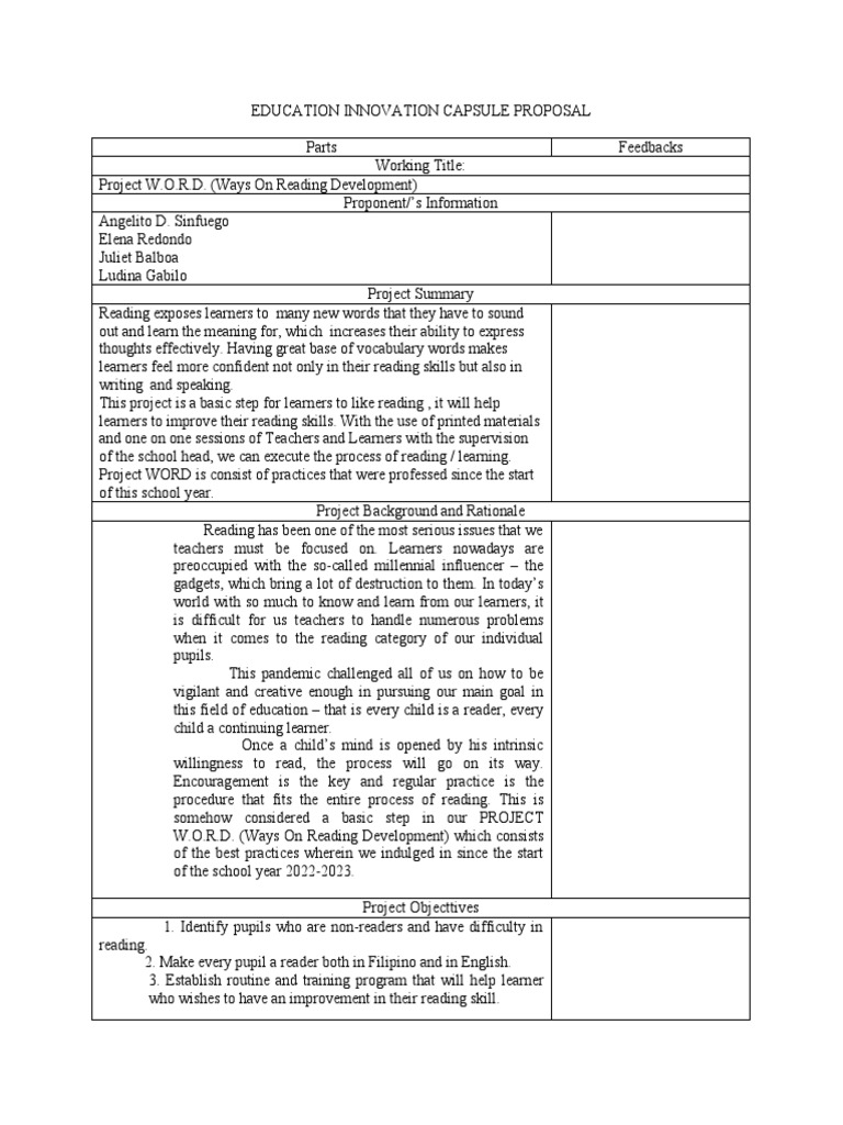 Education Innovation Capsule Proposal | PDF | Learning | Teachers