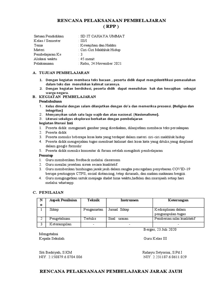 RPP Supervisi Kelas 3 | PDF