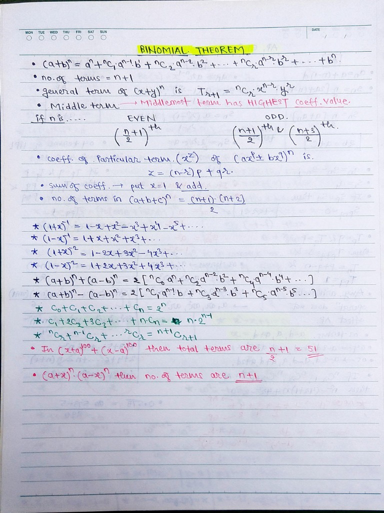 Binomial Theorem One Page Short Notes | PDF