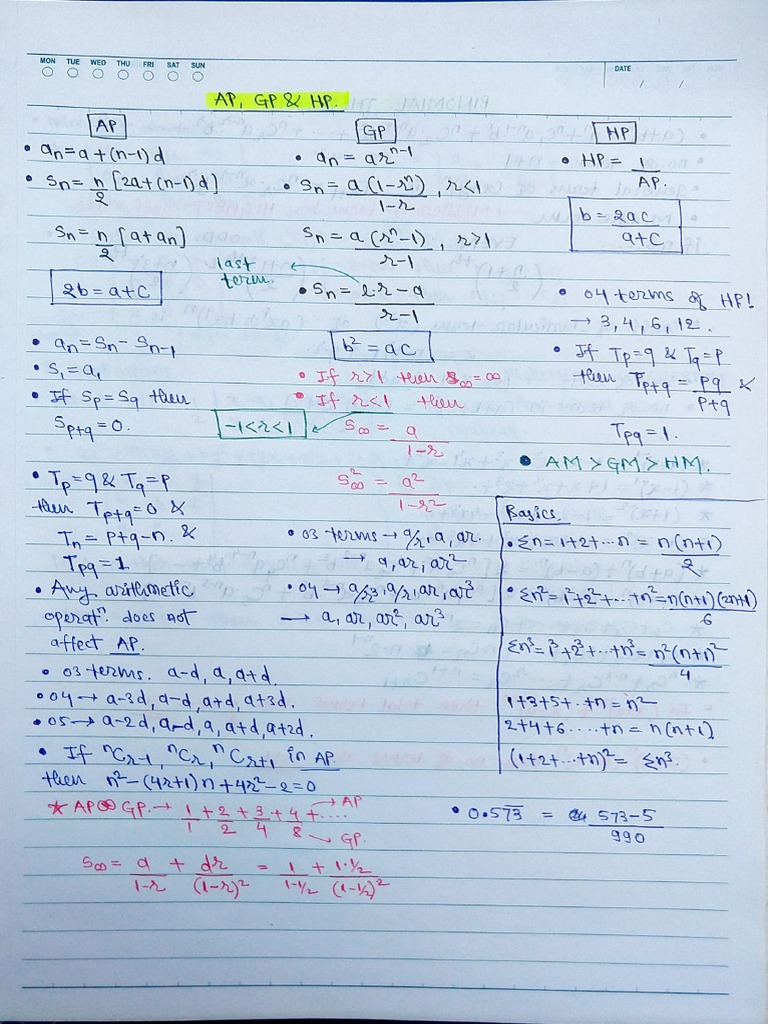 Sequence and Series One Page Short Notes | PDF