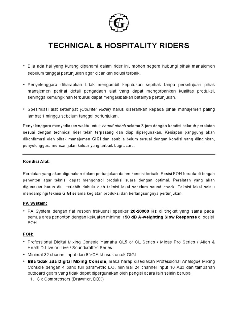 Technical and Hospitality Riders Gigi | PDF