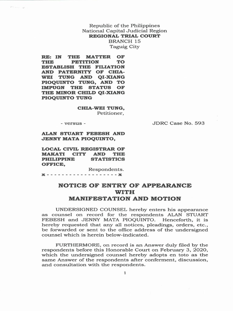 Notice of Entry of Appearance With Manifestation and Motion - Jenny ...