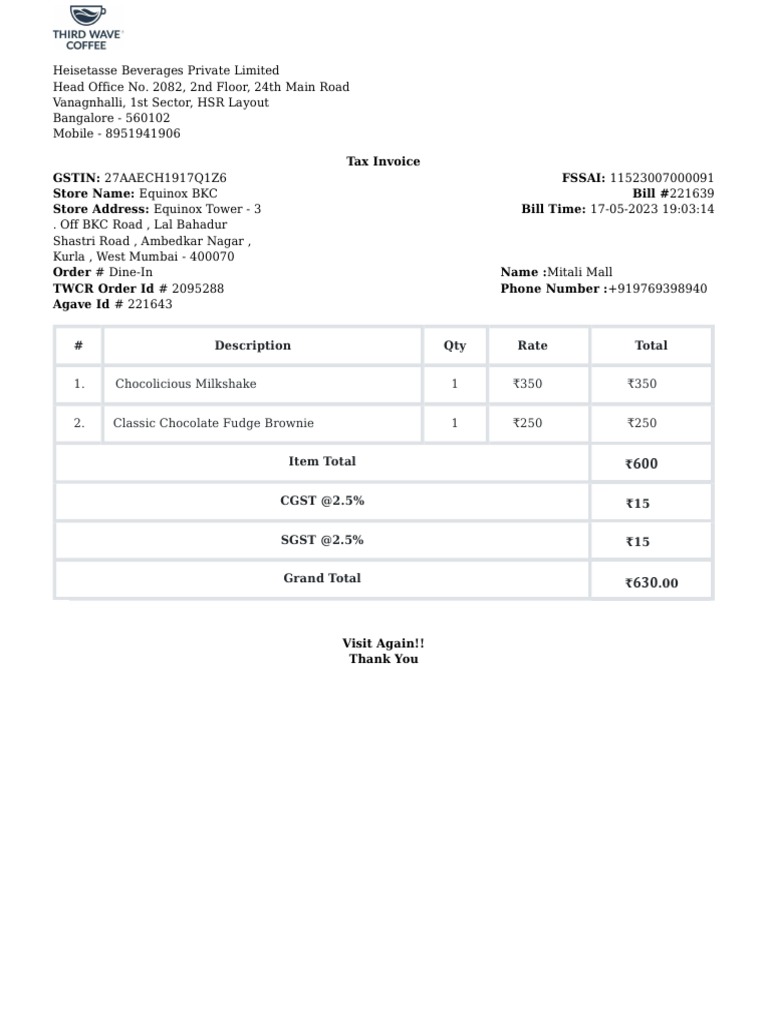 Heisetasse Beverages Invoice Details | PDF