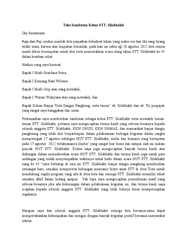 Teks Sambutan Ketua STT Terbaru | PDF