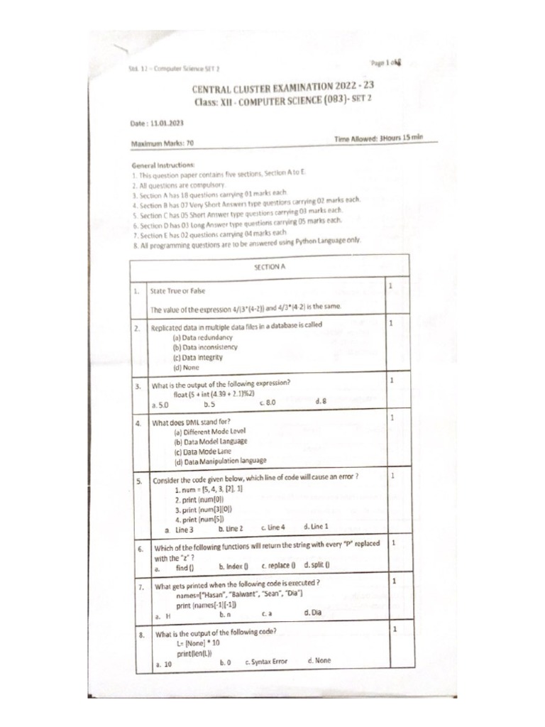 Std. 12 - Computer Science SET 2 | PDF