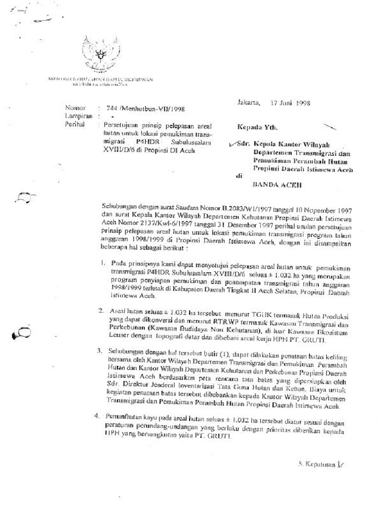 SK. IPPKH No. 744-MENHUTBUN-VII-98 | PDF