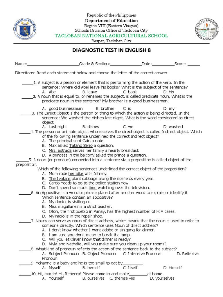 Dignostic Test in English 8 Sy 2022-2023 | PDF | Verb | Adverb