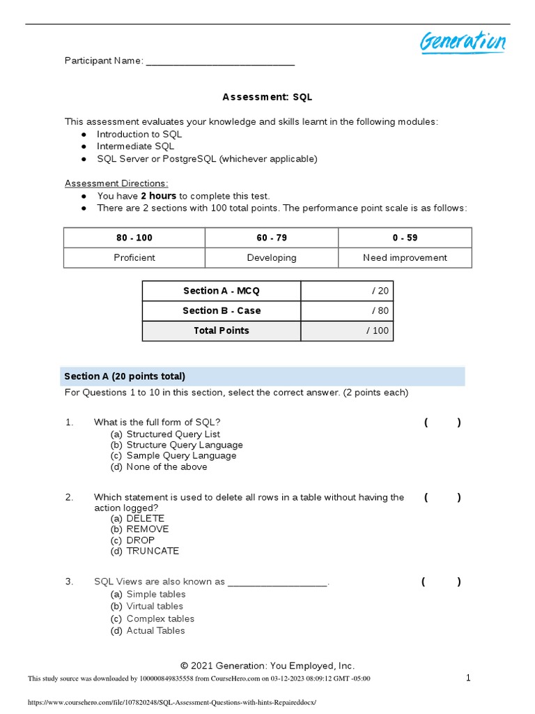 SQL Assessment Questions With Hints Repaired | PDF | Sql | Postgre Sql SQL Assessment Questions With Hints Repaired | PDF | Sql | Postgre Sql