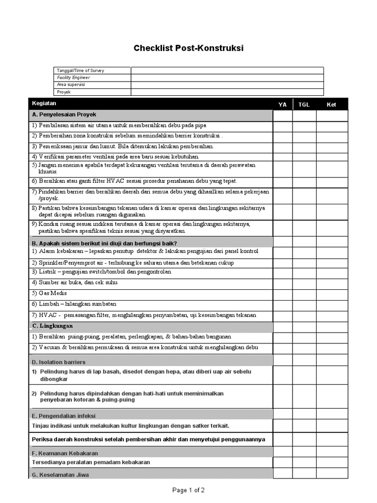 Checklist Post-Konstruksi untuk Keamanan dan Kebersihan | PDF