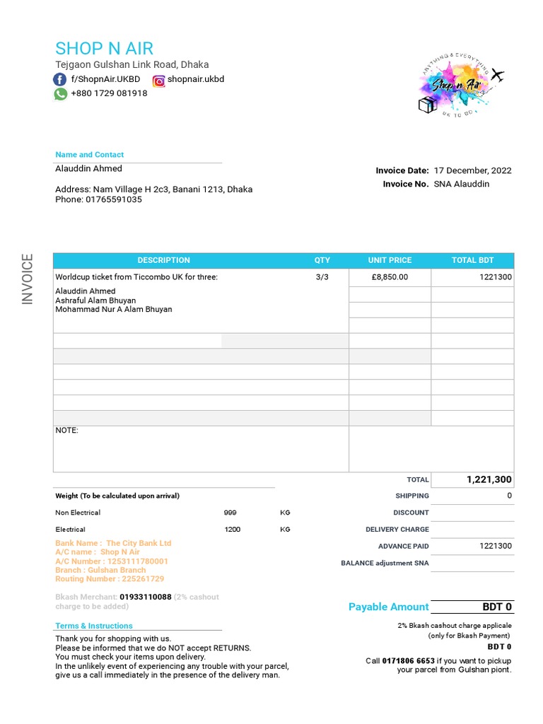 Shop N Air Invoice for World Cup Tickets | PDF | Service Industries ...