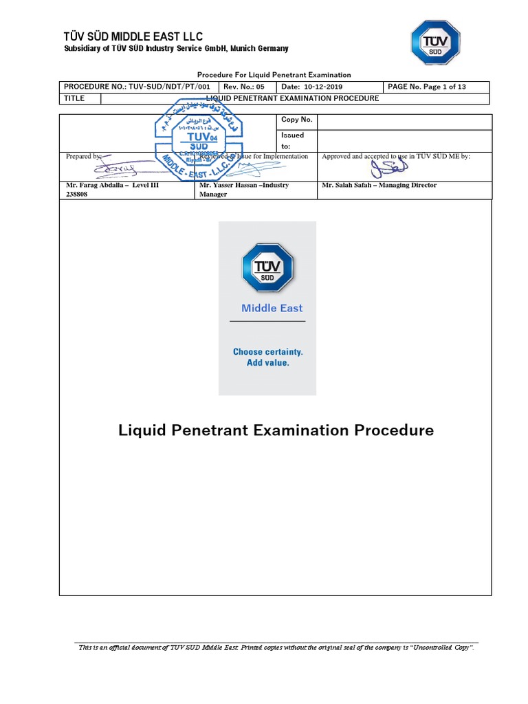 TUV SUD - PT Procedure Rev.05 | PDF | Nondestructive Testing | Welding