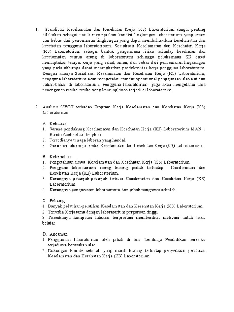 K3 Laboratorium: Sosialisasi dan SWOT | PDF