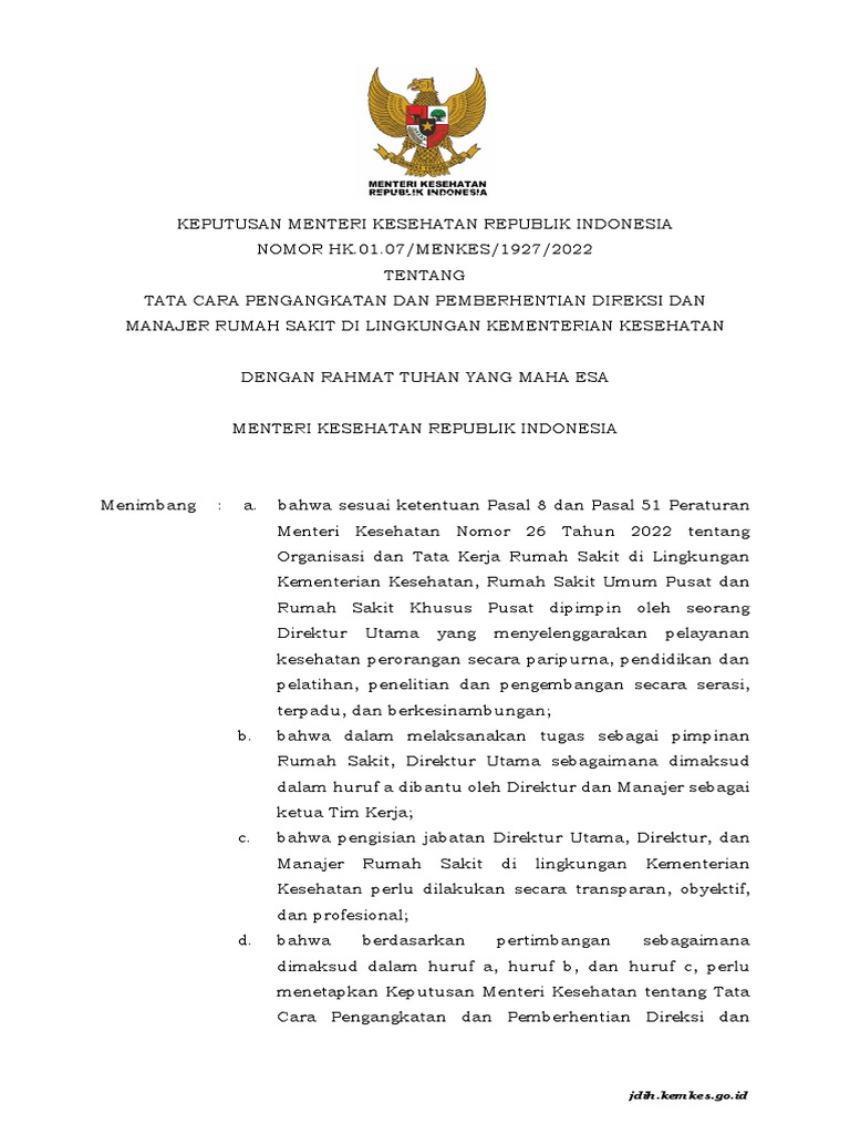 KMK No. HK.01.07-MENKES-1927-2022 TTG Tata Cara Pengangkatan Dan Pemberhentian Direksi Dan ...