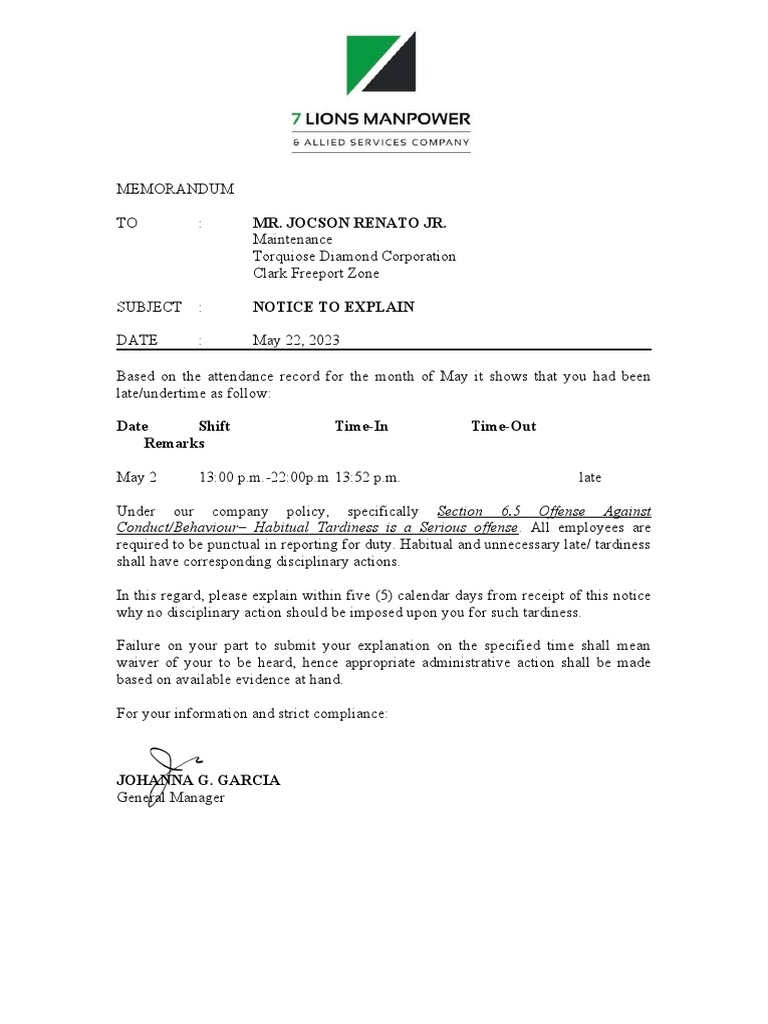 Notice to Explain Tardiness Memo | PDF | Business | Law