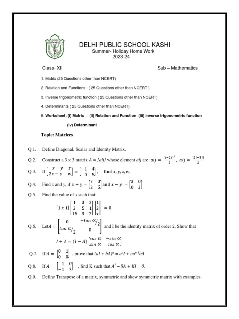 XIIth Maths Holiday H.W. 2023-24 | PDF | Matrix (Mathematics) | Function (Mathematics)