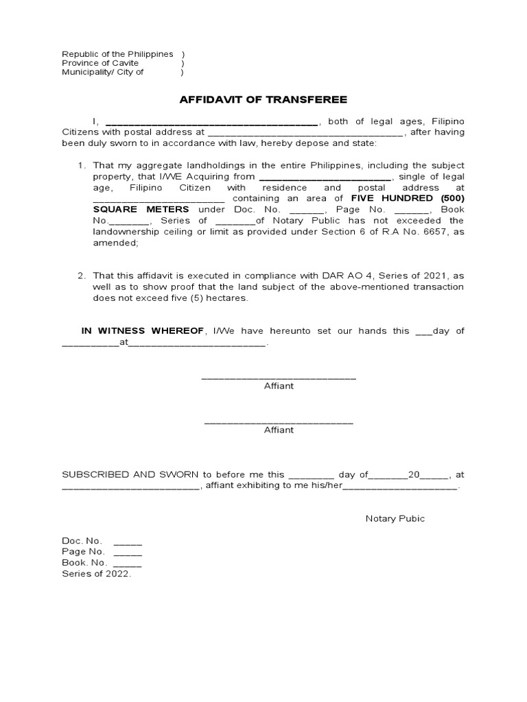 Affidavit of Transferee (Buyer) | PDF | Finance & Money Management | Law