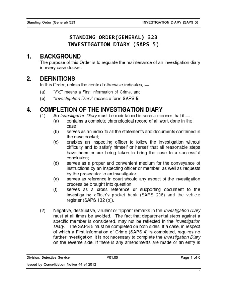 Standing Order General 323 Investigation Diary Saps 5 Pdf