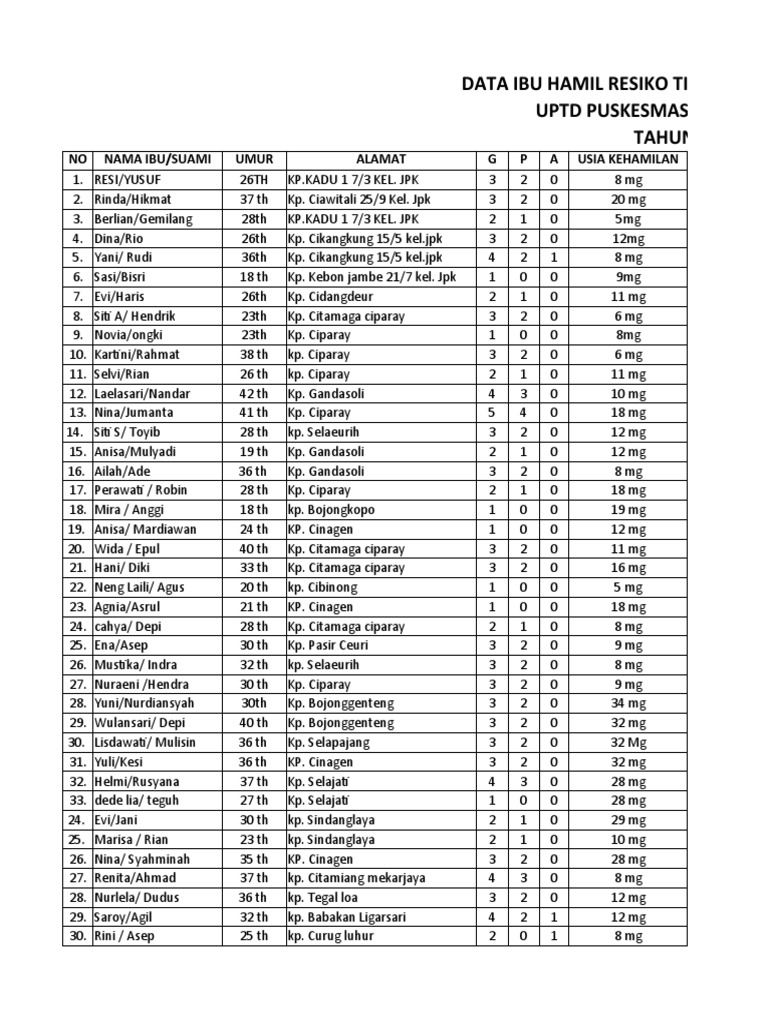 Data Bumil Resti PKM Jampangkulon 2023 | PDF