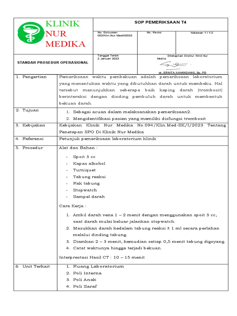 Prosedur Pemeriksaan Clotting Time | PDF