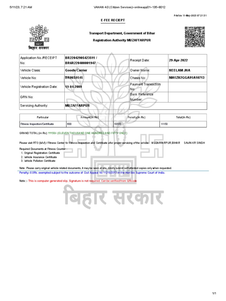 Vahan 4.0 E-Fee Receipt for Vehicle | PDF | Receipt | Government