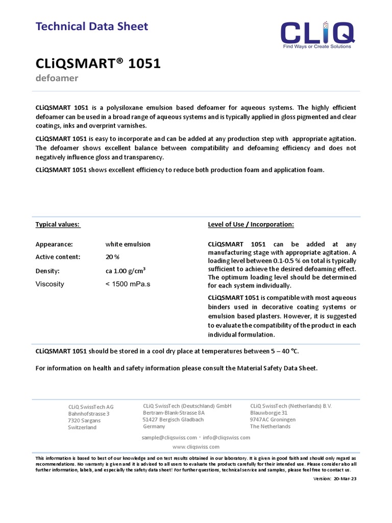 Cliq Cliqsmart 1051 Technical Data Sheet | PDF | Materials | Physical Sciences