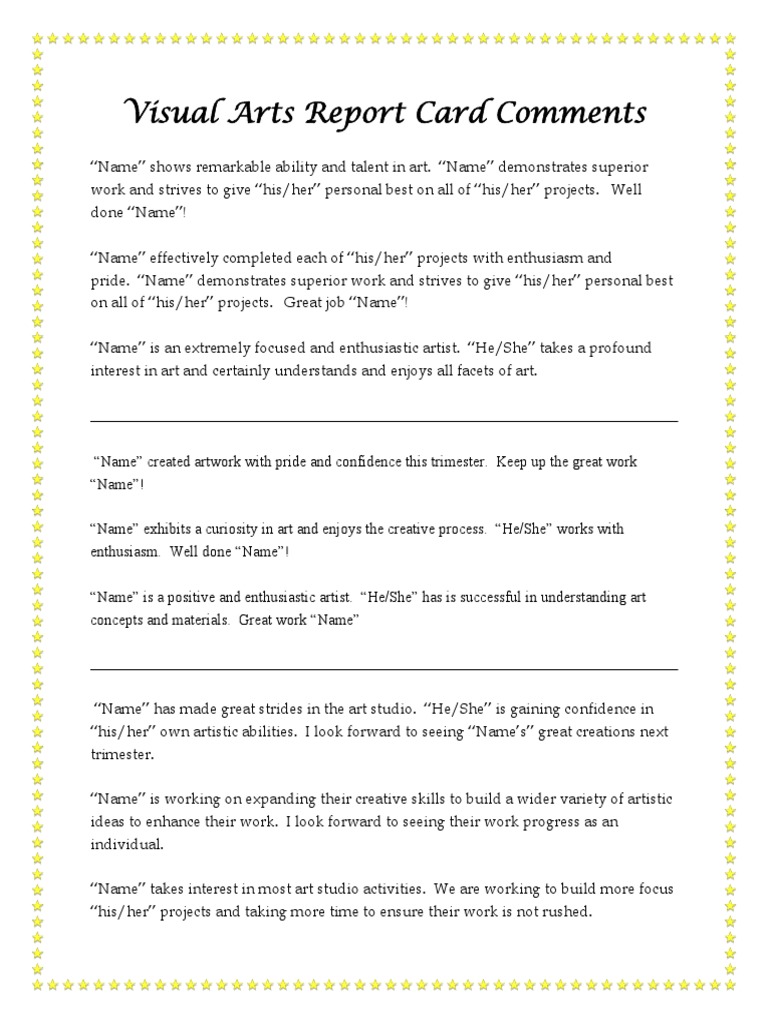 Visual Arts Report Card Comments | PDF | Art