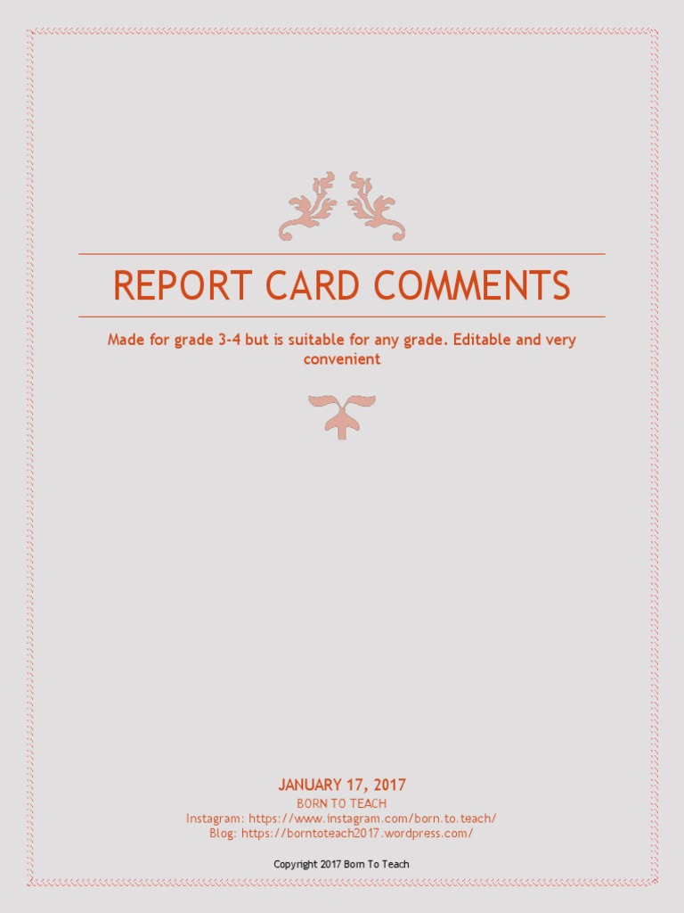 Report Card Comments: Made For Grade 3-4 But Is Suitable For Any Grade ...