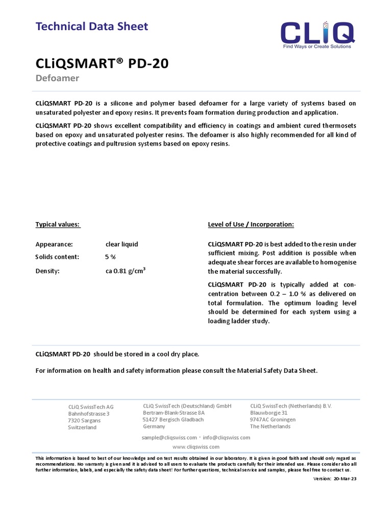 Cliq Cliqsmart PD 20 Technical Data Sheet | PDF | Epoxy | Chemical Substances