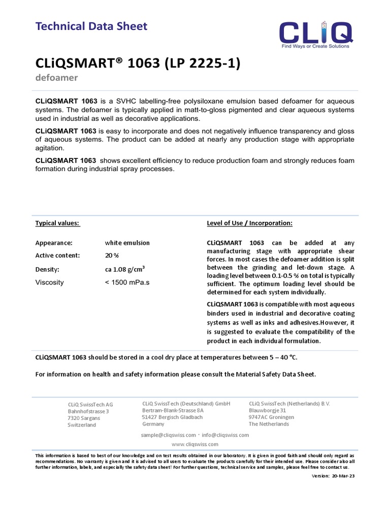 Cliq Cliqsmart 1061 Technical Data Sheet | PDF | Industrial Processes | Secondary Sector Of The ...