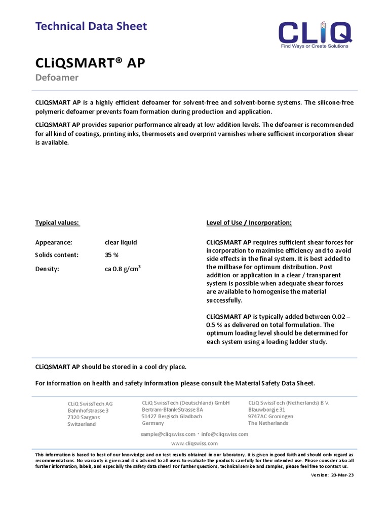 Cliq Cliqsmart Ap Technical Data Sheet | PDF | Physical Sciences | Materials