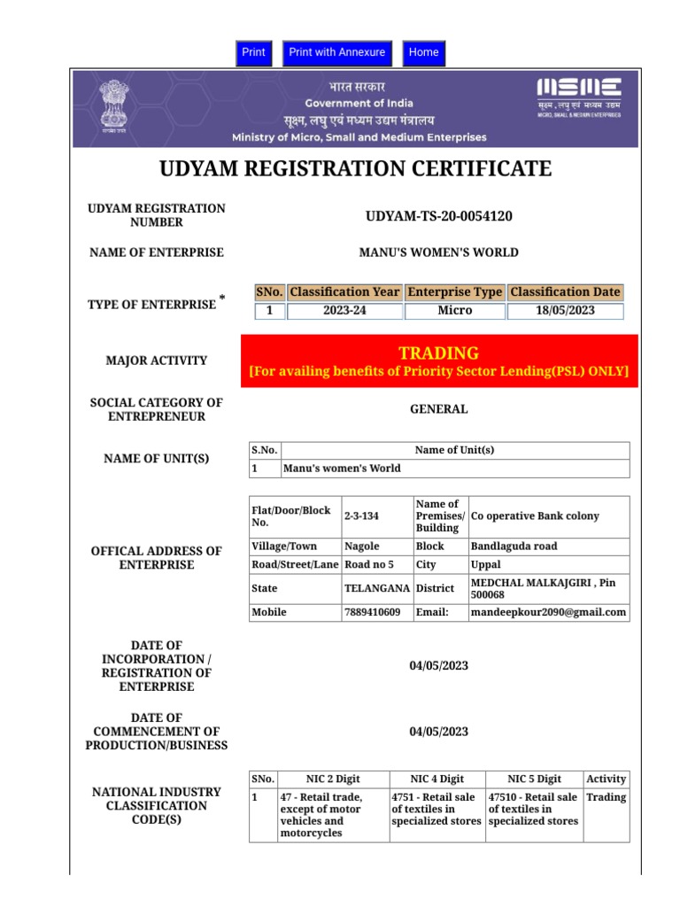 Print - Udyam Registration Certificate | PDF | Economies | Business