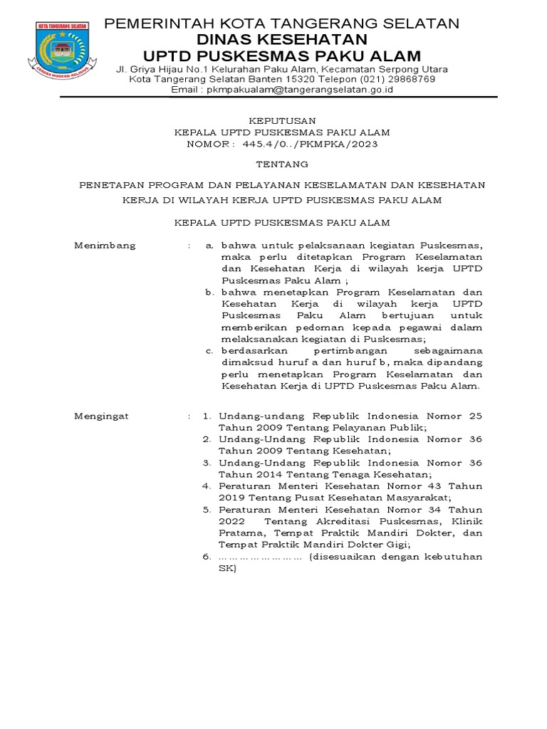 SK Program K3 Di Puskesmas Paku Alam | PDF