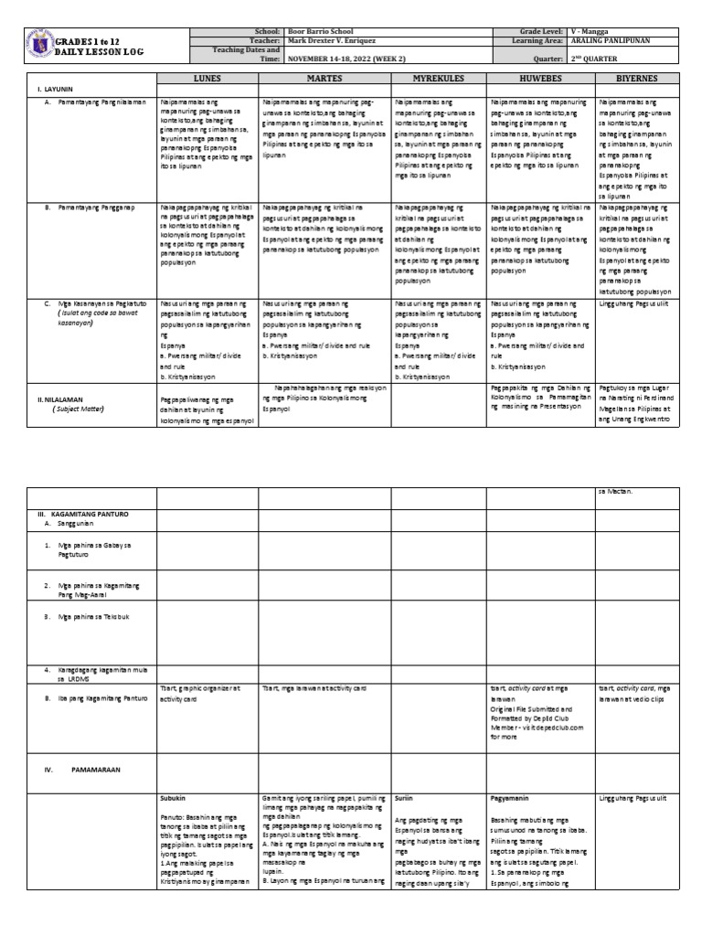 DLL - Araling Panlipunan 5 - Q2 - W2 | PDF