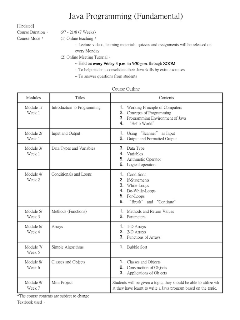 Course Outline Java Pdf Java Programming Language Computer Programming