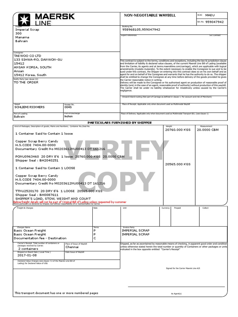 Verify Copy Non Negotiable Waybill PDF Bill Of Lading Cargo