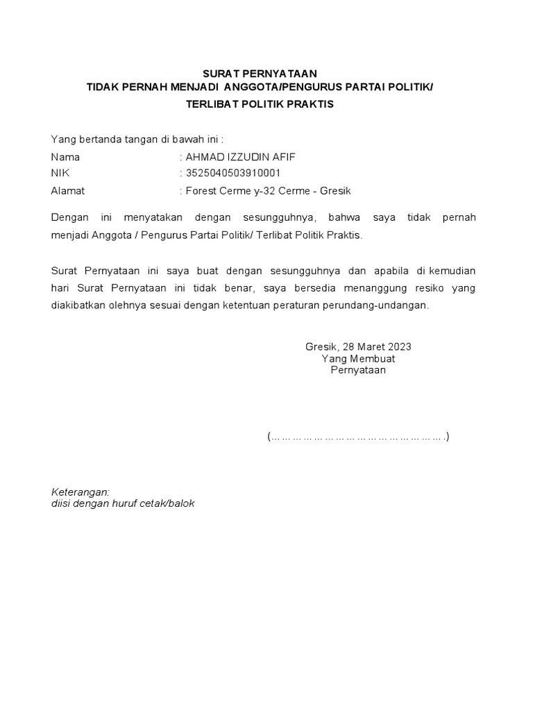Surat Pernyataan Tidak Terlibat Parpol | PDF Surat Pernyataan Tidak Terlibat Parpol | PDF