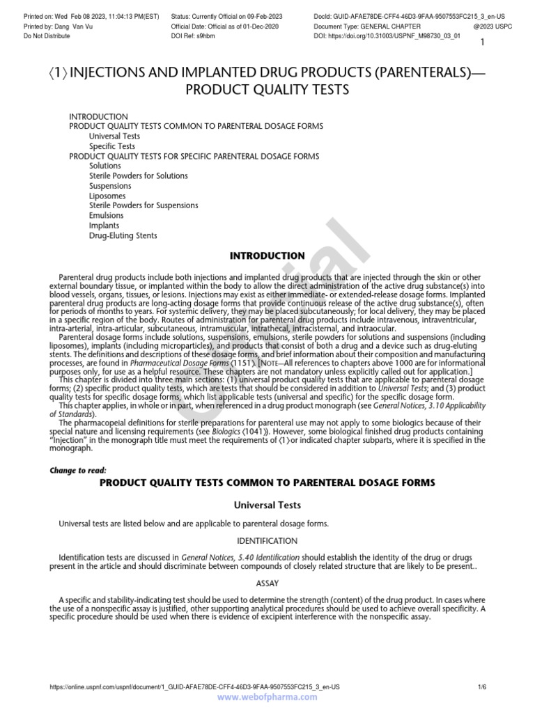 Quality Tests for Parenteral Injections | PDF | Lipid Bilayer | Liposome