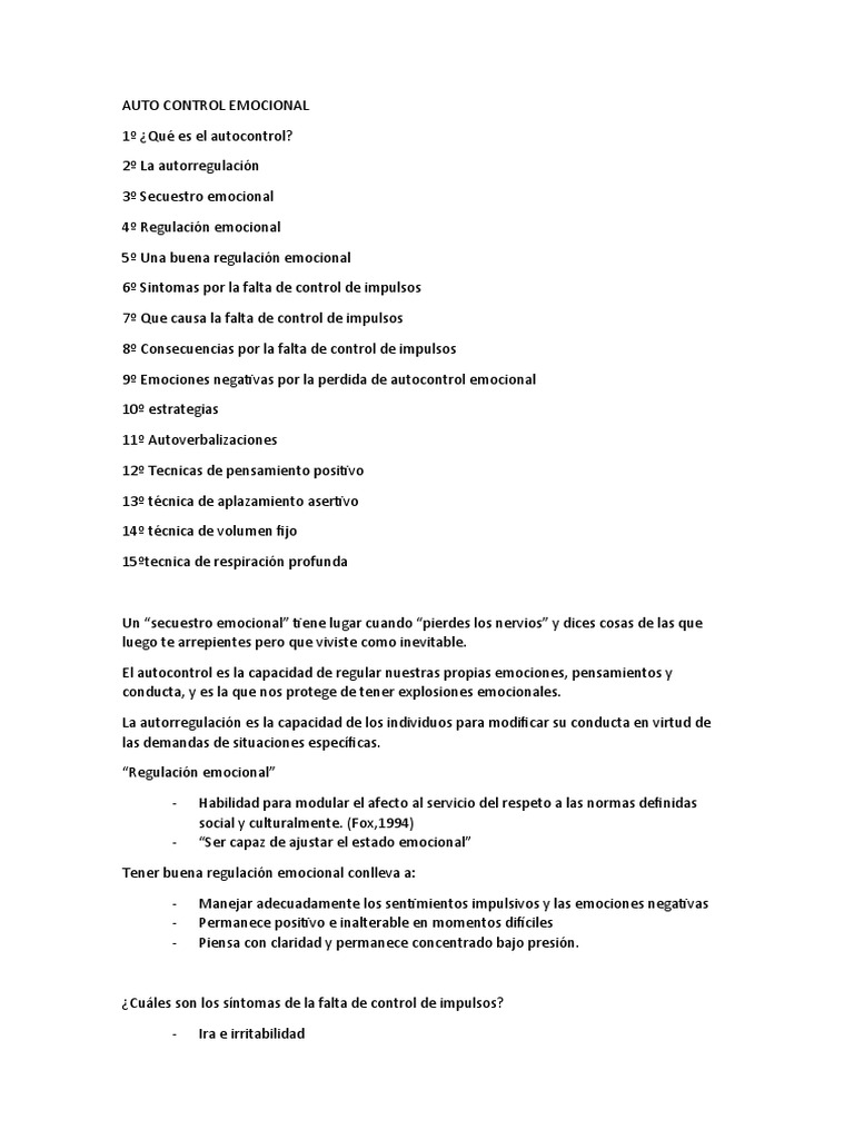Auto Control Emocional Pdf Las Emociones Autorregulación Emocional