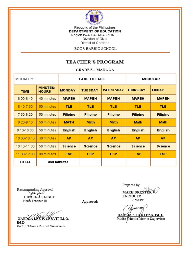 Grade 5 Weekly Class Schedule | PDF