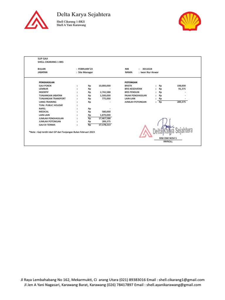 PT Delta Karya Sejahtera Slip Gaji (Feb | PDF