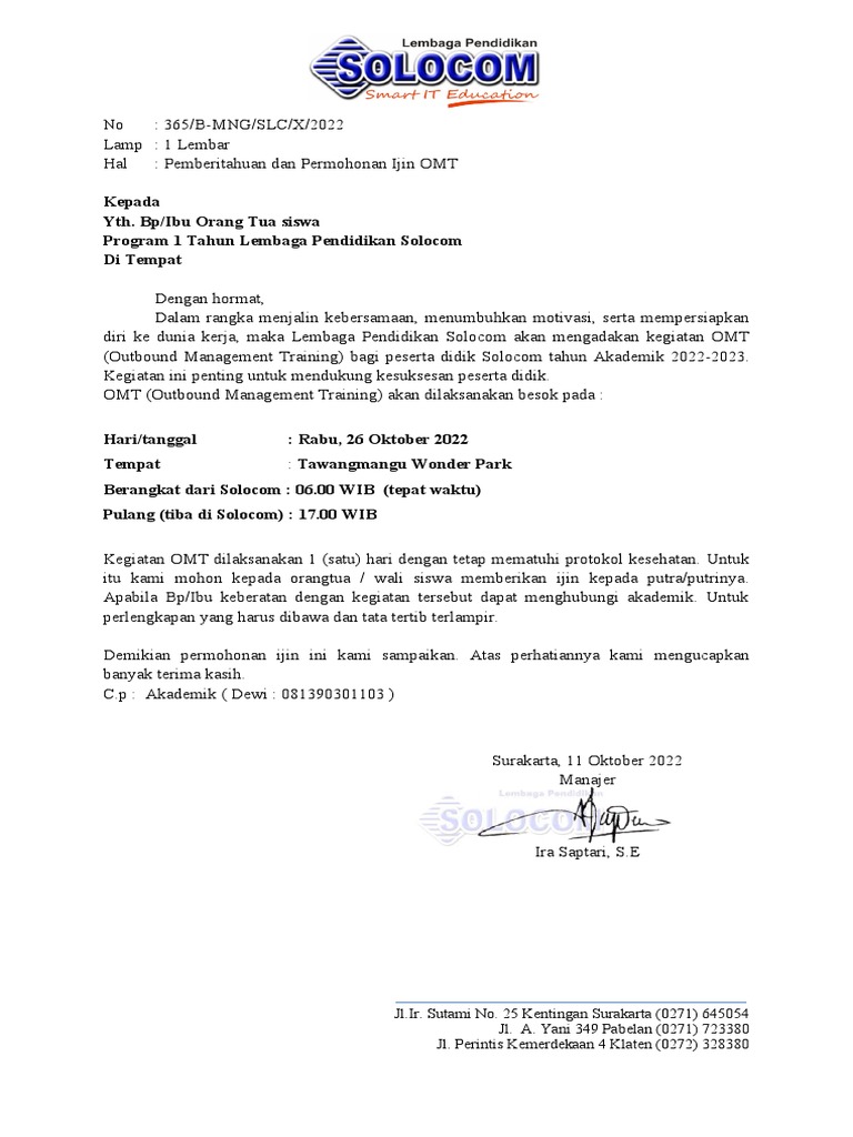 Izin OMT Solocom 2022-2023 | PDF