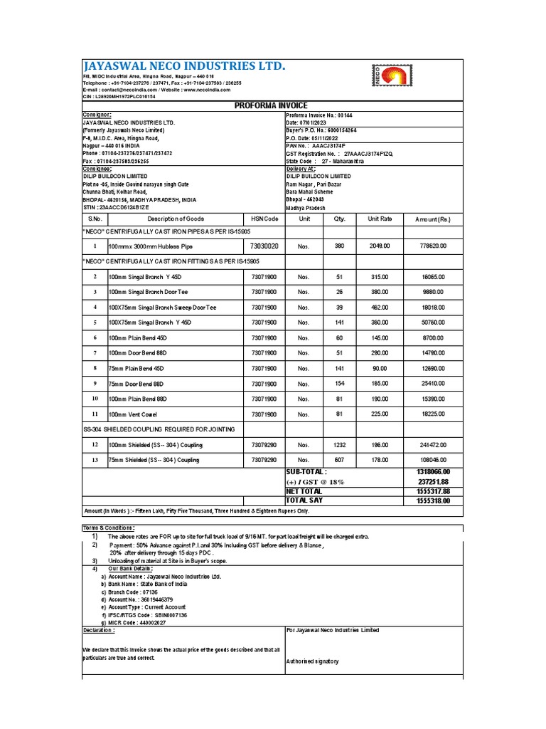 Dilip Buildcon Proforma Inv - 144 | PDF