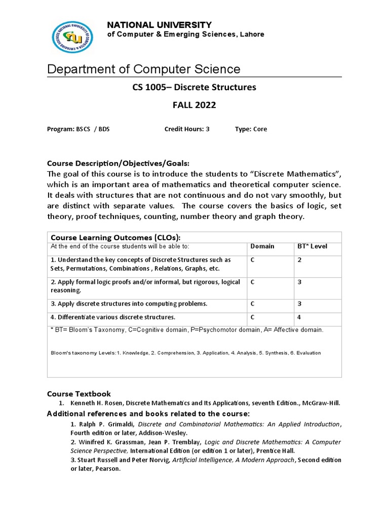 Discrete Structures Course Outline Fall 2022 CS | PDF | Discrete Mathematics | Mathematics