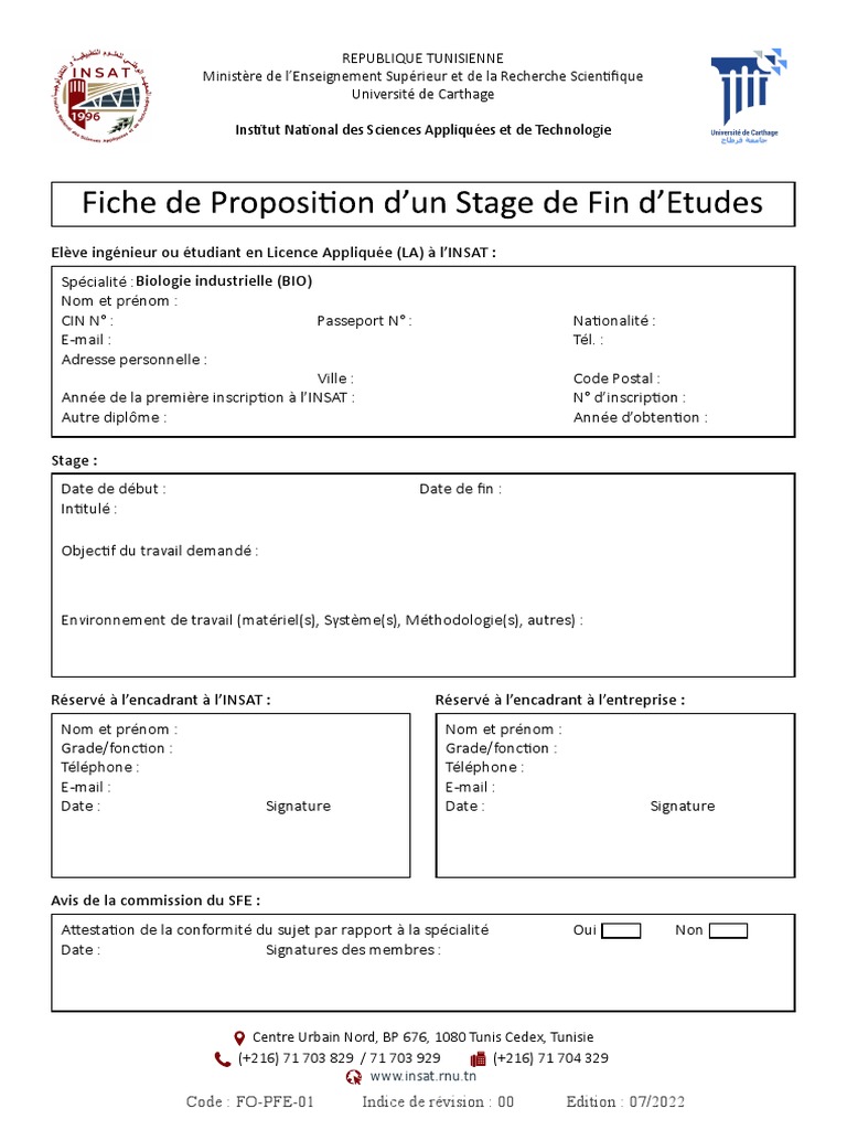 FO-PFE-01 00 Fiche de Proposition D'un Stage de Fin D'études (FR) | PDF | Informatique