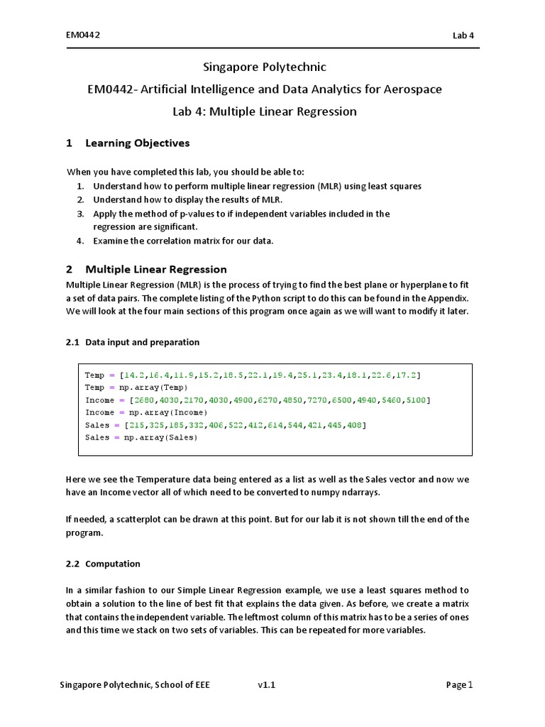 Lab4 MultipleLinearRegression | PDF | Regression Analysis | Linear Regression