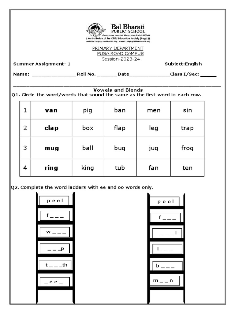 Class 1 - Summer Assignments Worksheet - 2023-24 | PDF